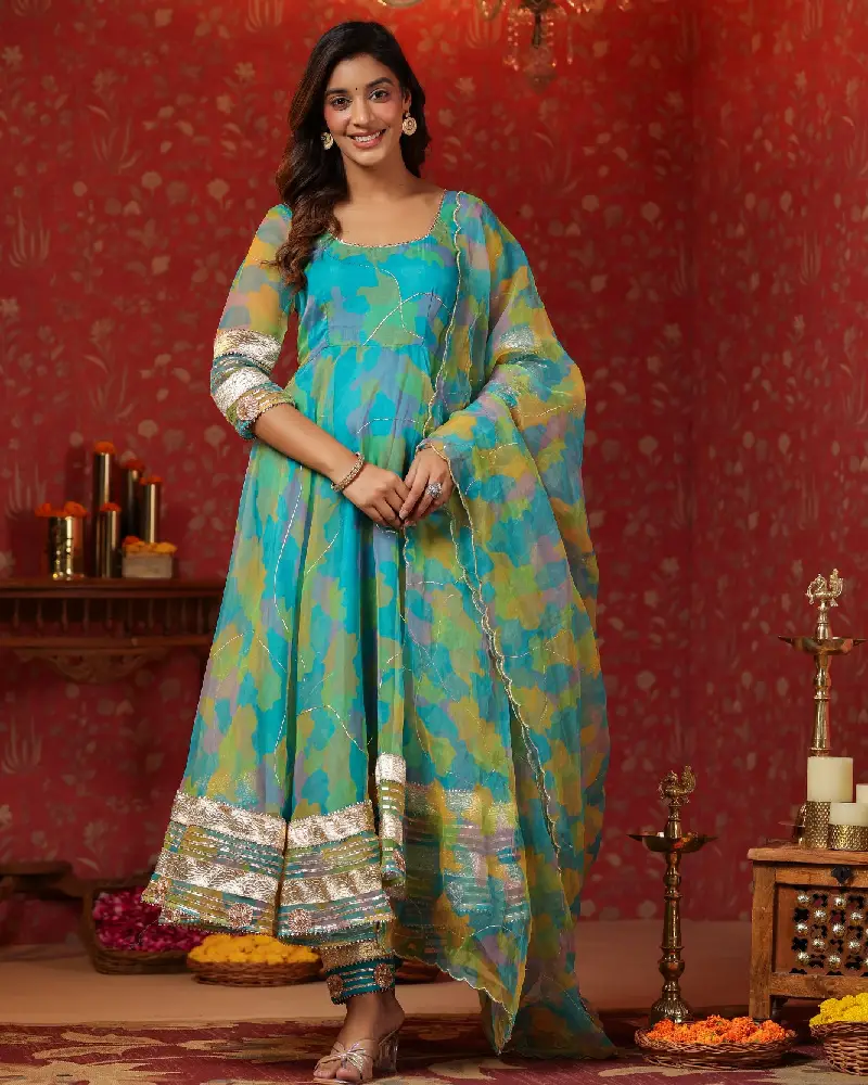 Cerulean Blue Organza Anarkali Suit Set – Samaaya Jaipur